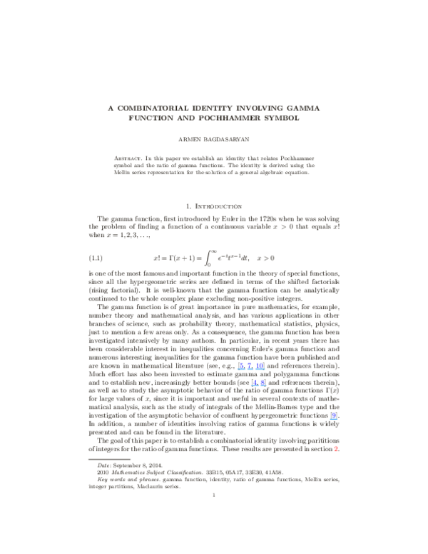 (PDF) A combinatorial identity involving gamma function and Pochhammer symbol