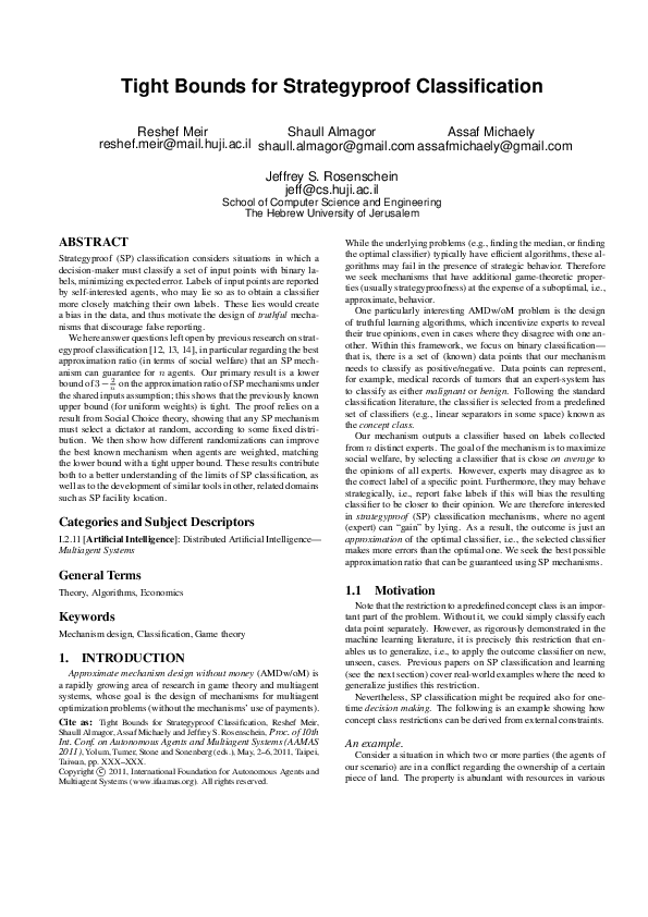 (PDF) Tight bounds for strategyproof classification