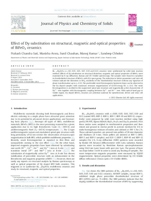 (PDF) Effect of Dy substitution on structural, magnetic and optical properties of BiFeO3 ceramics