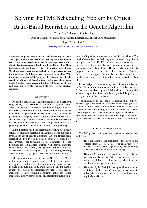 Pdf Solving The Fms Scheduling Problem By Critical Ratio Based Heuristics And The Genetic