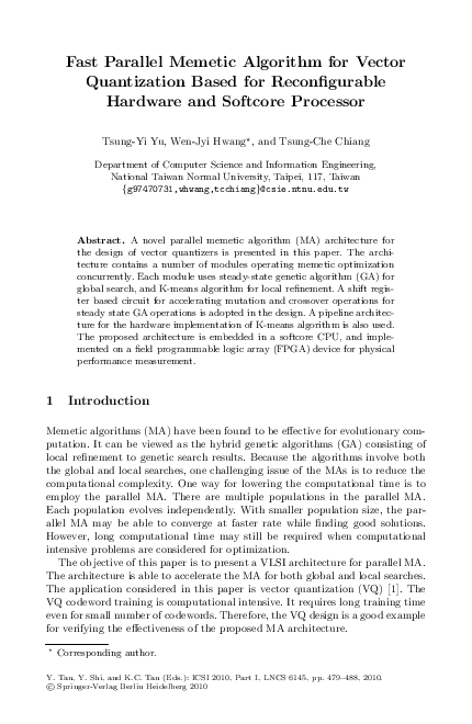 Pdf Fast Parallel Memetic Algorithm For Vector Quantization Based For Reconfigurable Hardware 
