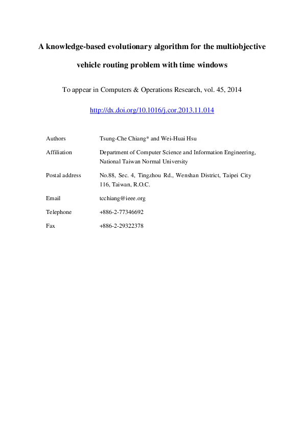 Pdf A Knowledge Based Evolutionary Algorithm For The Multiobjective Vehicle Routing Problem