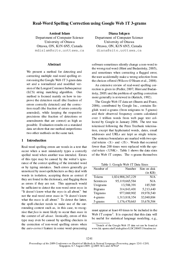 (PDF) Real-word spelling correction using Google web 1Tn-gram data set