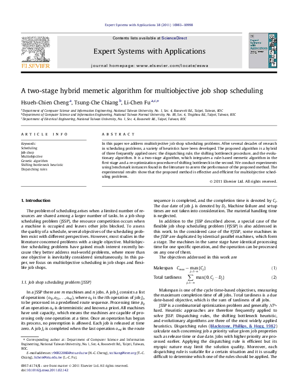 Pdf A Two Stage Hybrid Memetic Algorithm For Multiobjective Job Shop Scheduling