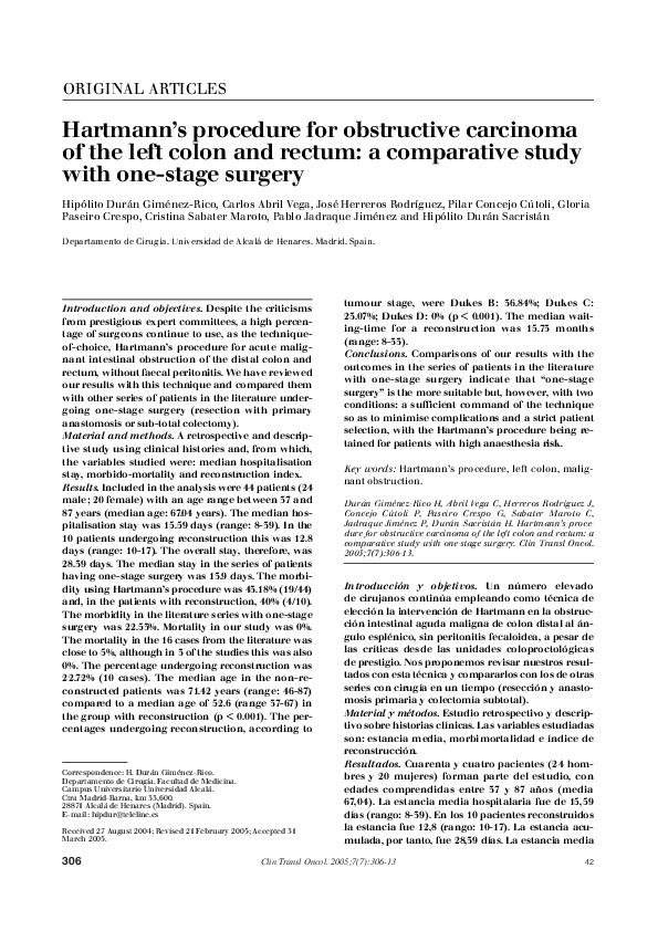 (PDF) Hartmann’s procedure for obstructive carcinoma of the left colon ...