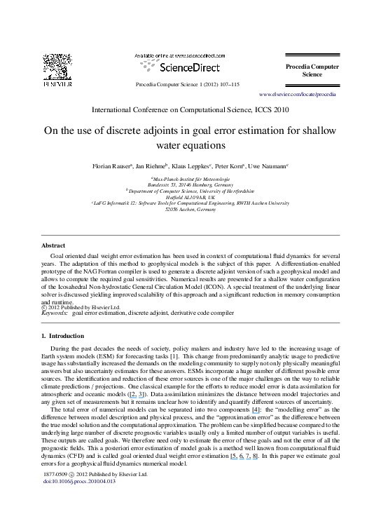 (PDF) On the use of discrete adjoints in goal error estimation for shallow water equations