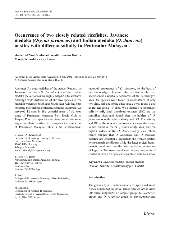 (PDF) Occurrence of two closely related ricefishes, Javanese medaka ...