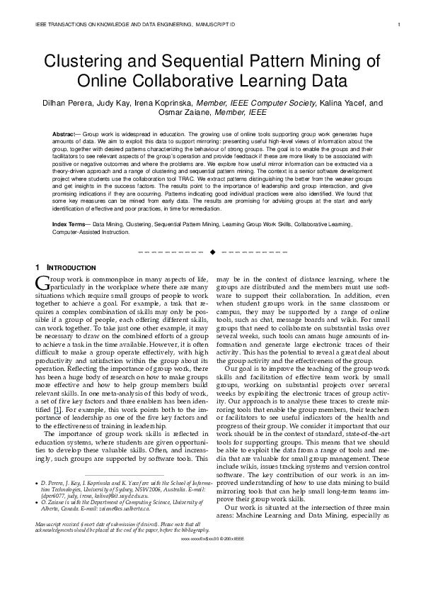 (PDF) Clustering and Sequential Pattern Mining of Online Collaborative Learning Data | Judy Kay ...