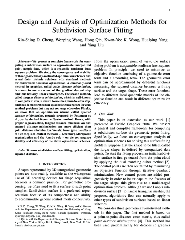 Pdf Design And Analysis Of Optimization Methods For Subdivision Surface Fitting Hong Qin