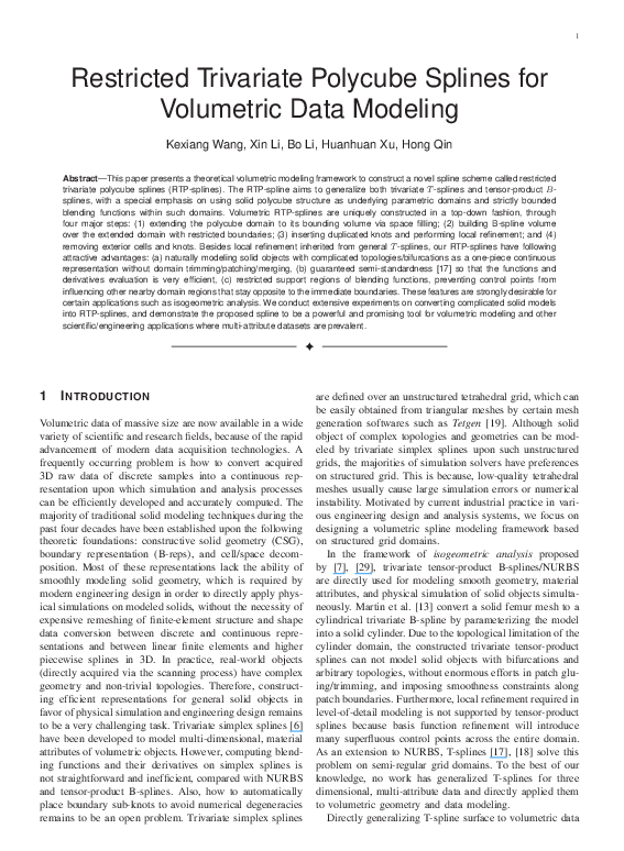 (PDF) Restricted Trivariate Polycube Splines for Volumetric Data Modeling | Hong Qin - Academia.edu