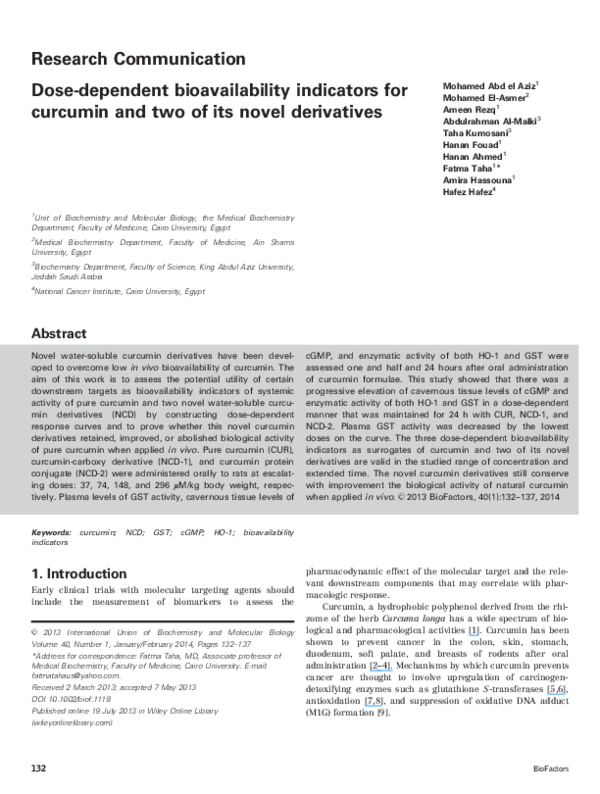 (PDF) Dose-dependent bioavailability indicators for curcumin and two of its novel derivatives