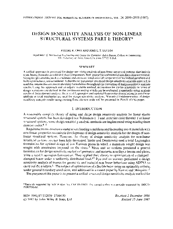 Pdf Design Sensitivity Analysis Of Non Linear Structural Systems Part I Theory