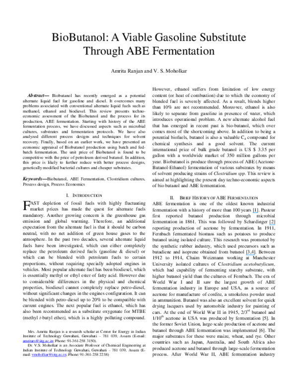 (PDF) Biobutanol: a Viable Gasoline Substitute through ABE Fermentation