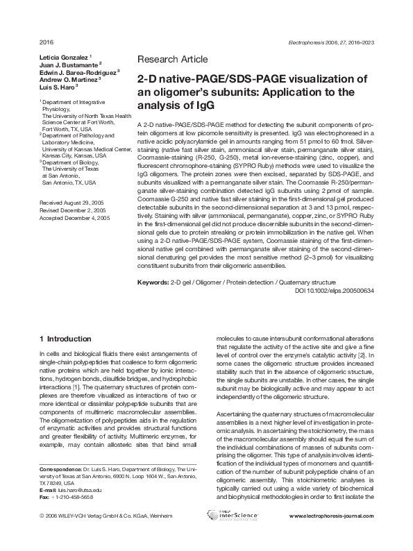 (PDF) 2-D native-PAGE/SDS-PAGE visualization of an oligomer's subunits ...