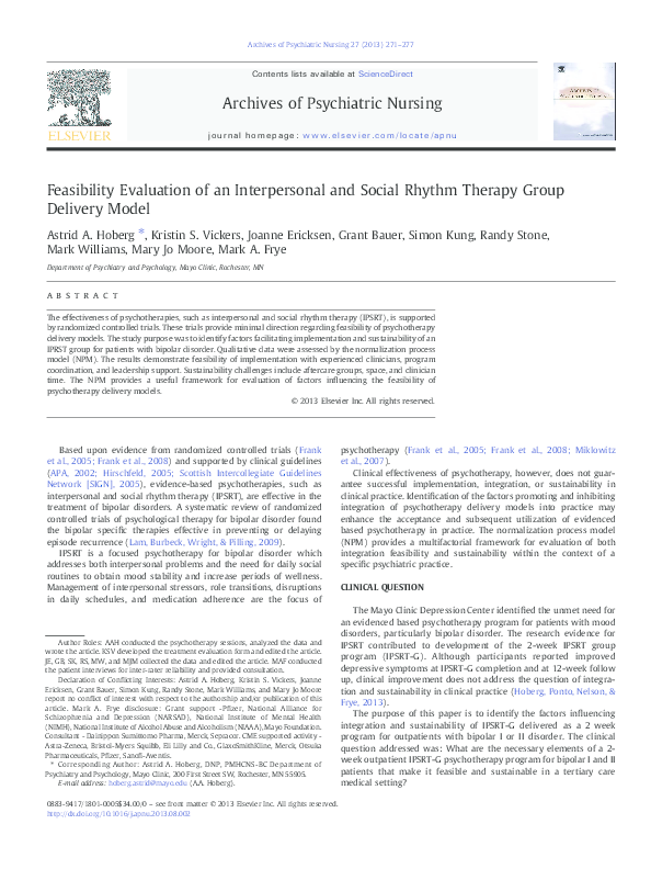 (PDF) Feasibility Evaluation of an Interpersonal and Social Rhythm ...