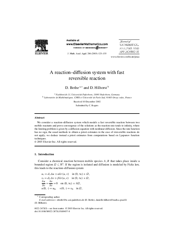 Pdf A Reaction Diffusion System With Fast Reversible Reaction