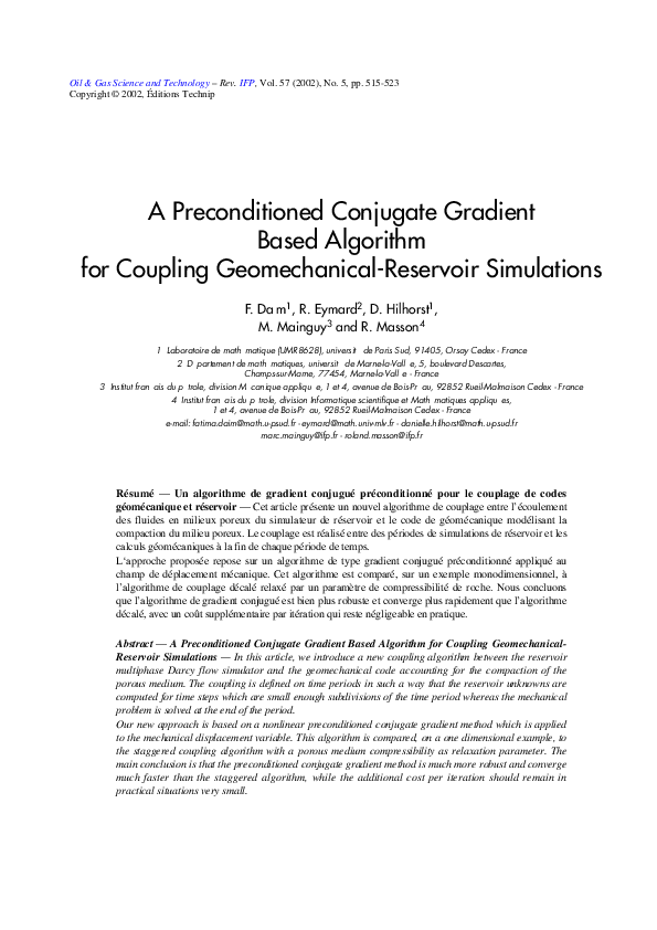 (PDF) A Preconditioned Conjugate Gradient Based Algorithm for Coupling Geomechanical-Reservoir ...