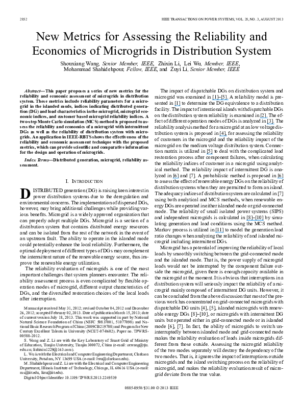 (PDF) New Metrics for Assessing the Reliability and Economics of Microgrids in Distribution System