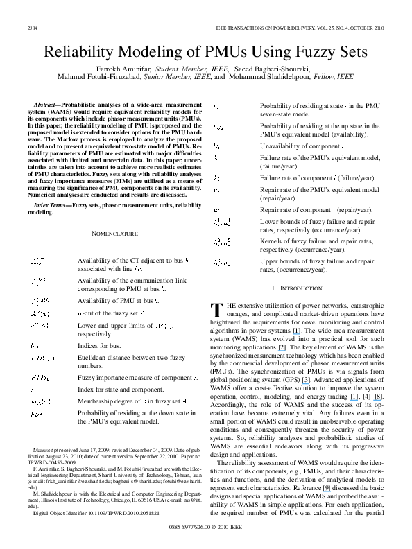 (PDF) Reliability Modeling of PMUs Using Fuzzy Sets