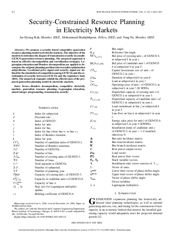 (PDF) Security-Constrained Resource Planning in Electricity Markets