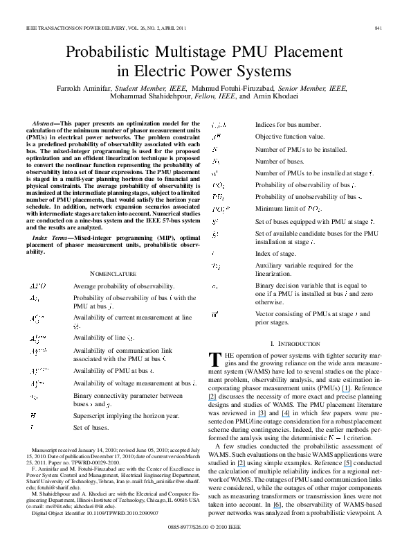 (PDF) Probabilistic Multistage PMU Placement in Electric Power Systems