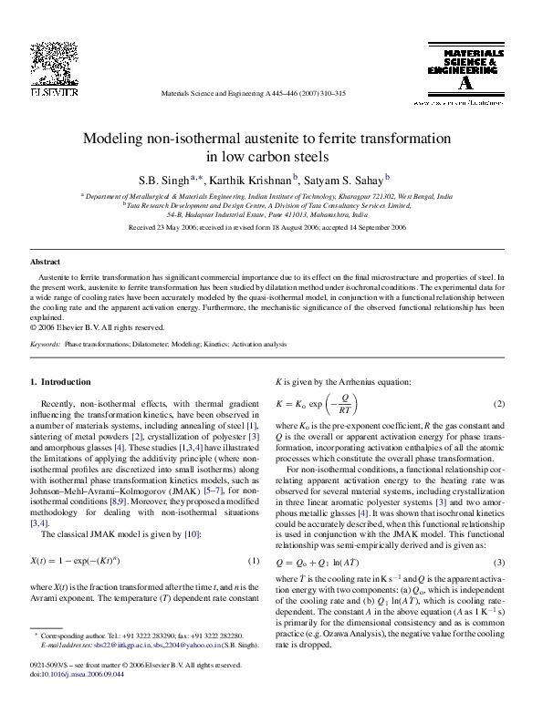 (PDF) Modeling non-isothermal austenite to ferrite transformation in low carbon steels