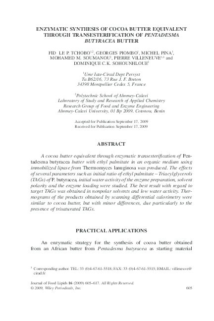 Pdf Enzymatic Synthesis Of Cocoa Butter Equivalent Through Transesterification Of Pentadesma