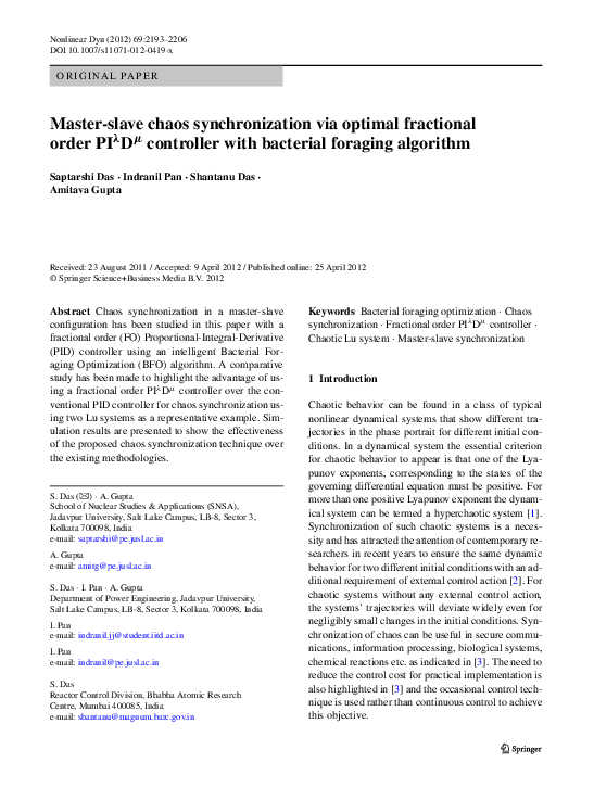 Pdf Master Slave Chaos Synchronization Via Optimal Fractional Order Pi λ D μ Controller With