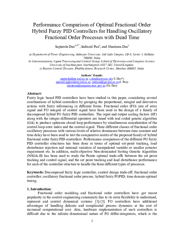 Pdf Performance Comparison Of Optimal Fractional Order Hybrid Fuzzy Pid Controllers For