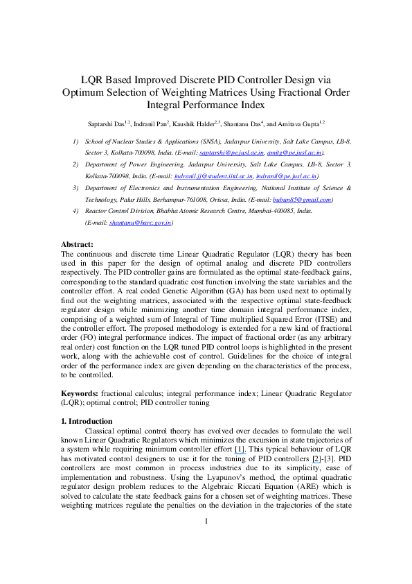 (PDF) LQR based improved discrete PID controller design via optimum selection of weighting ...