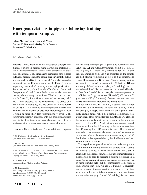 (PDF) Emergent relations in pigeons following training with temporal ...