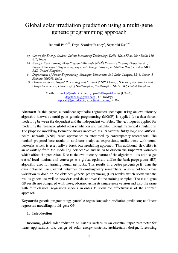 (PDF) Global solar irradiation prediction using a multi-gene genetic programming approach