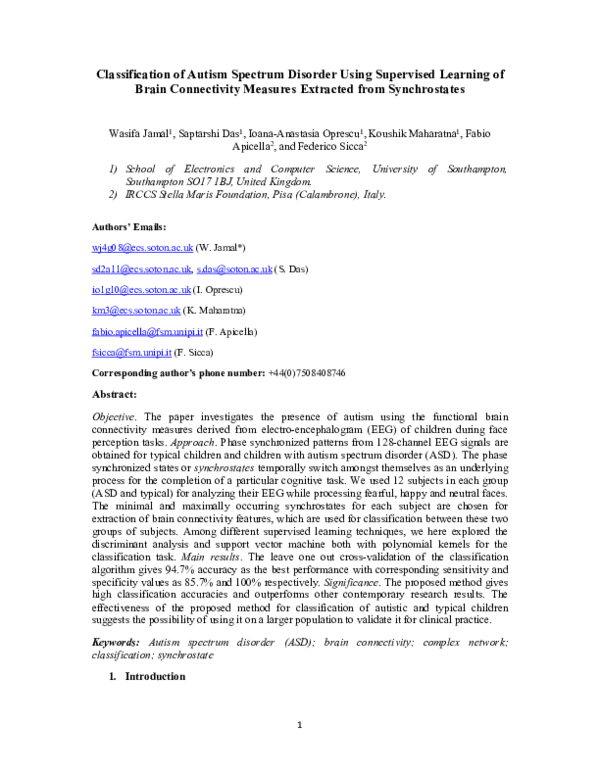 Pdf Classification Of Autism Spectrum Disorder Using Supervised Learning Of Brain Connectivity 