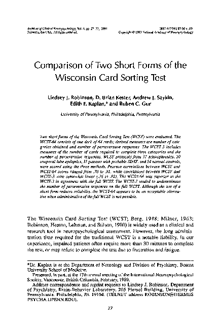 (PDF) Comparison of two short forms of the Wisconsin Card Sorting Test