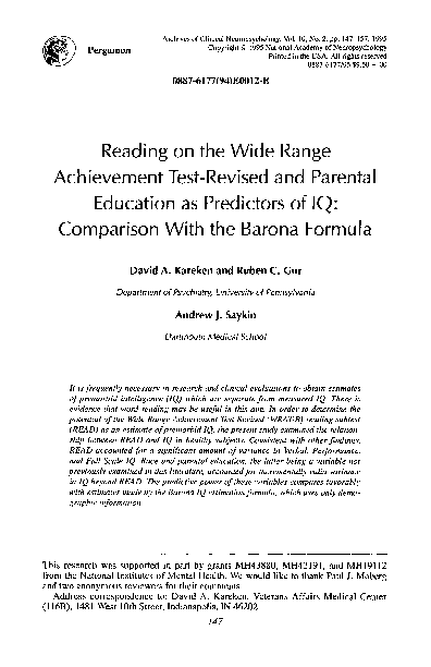 (PDF) Reading on the Wide Range Achievement Test-Revised and parental ...