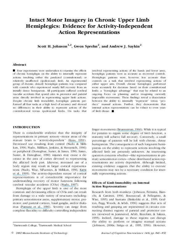 (PDF) Intact motor imagery in chronic upper limb hemiplegics: evidence ...