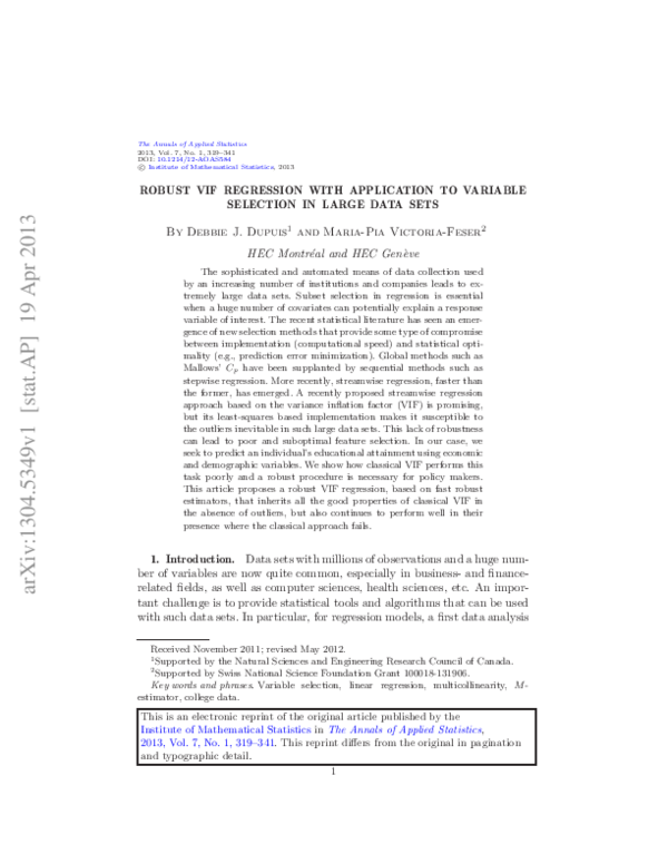 Pdf Robust Vif Regression With Application To Variable Selection In Large Data Sets 