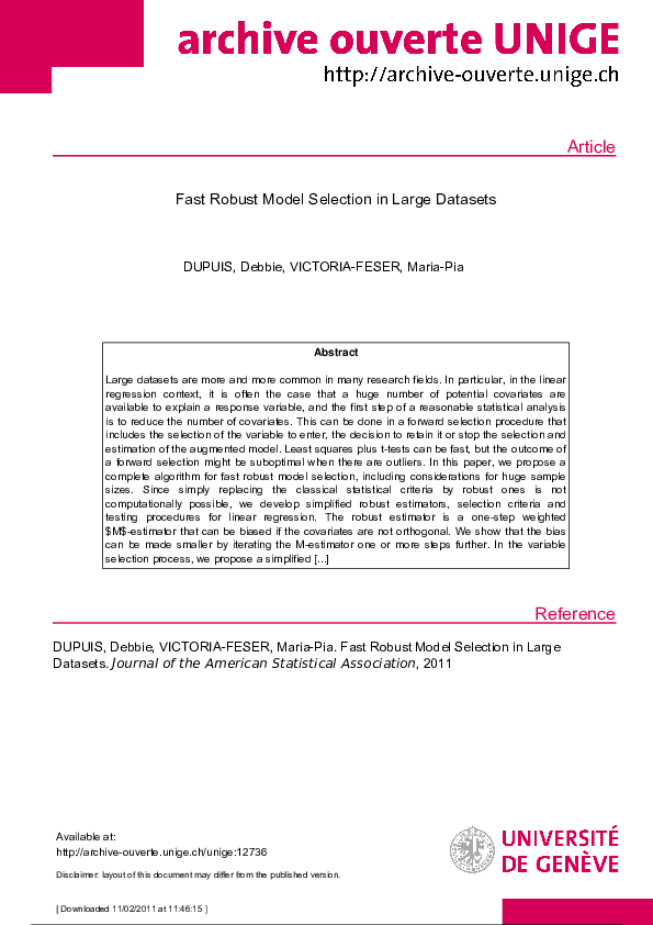 Pdf Fast Robust Model Selection In Large Datasets