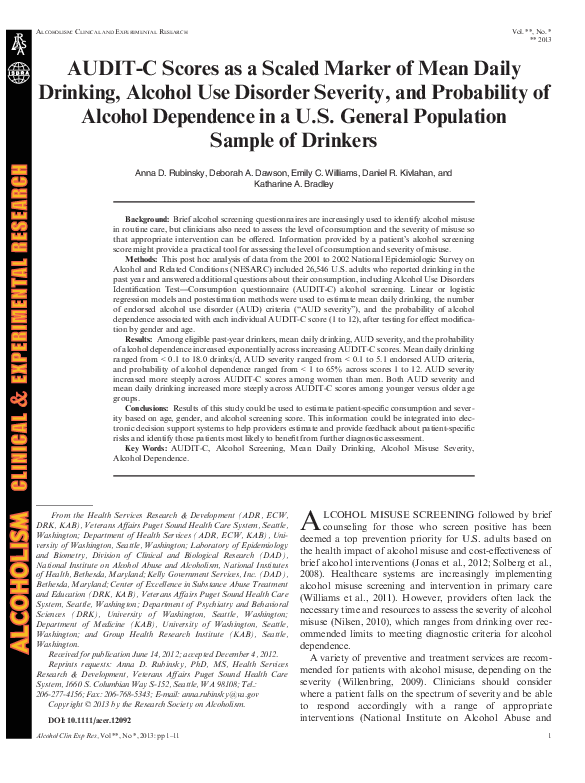 (PDF) Validation of the AUDIT and AUDIT-C for Hazardous Drinking in ...