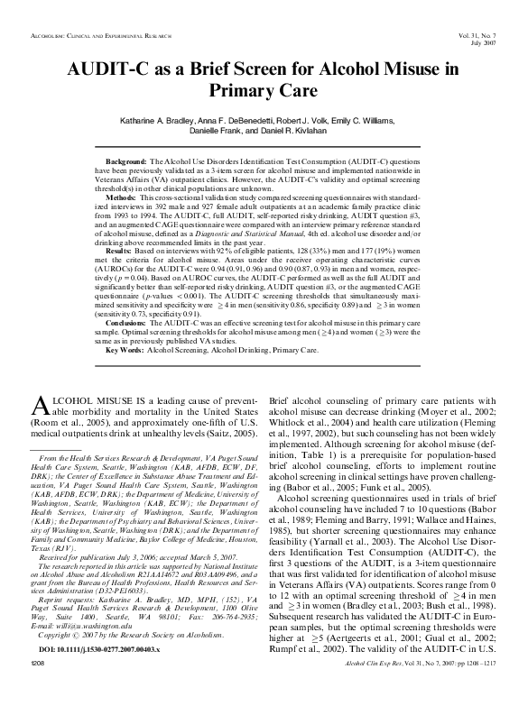 (PDF) AUDIT-C as a Brief Screen for Alcohol Misuse in Primary Care