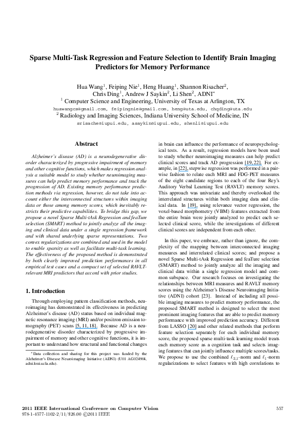 Pdf Sparse Multi Task Regression And Feature Selection To Identify
