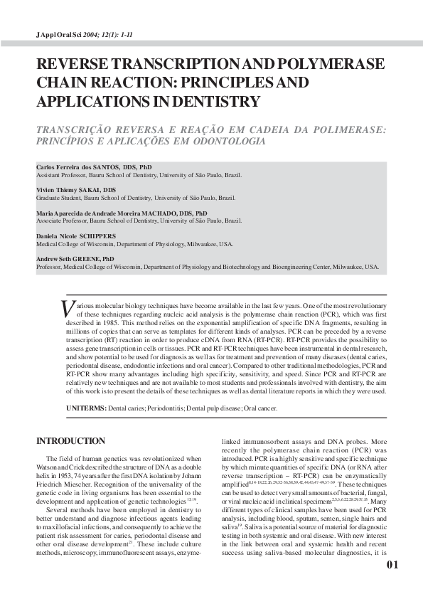 (PDF) Reverse transcription and polymerase chain reaction: principles and applications in dentistry