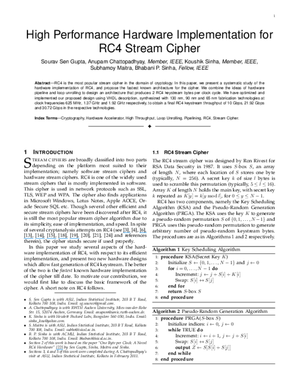 Pdf High Performance Hardware Implementation For Rc4 Stream Cipher 5127