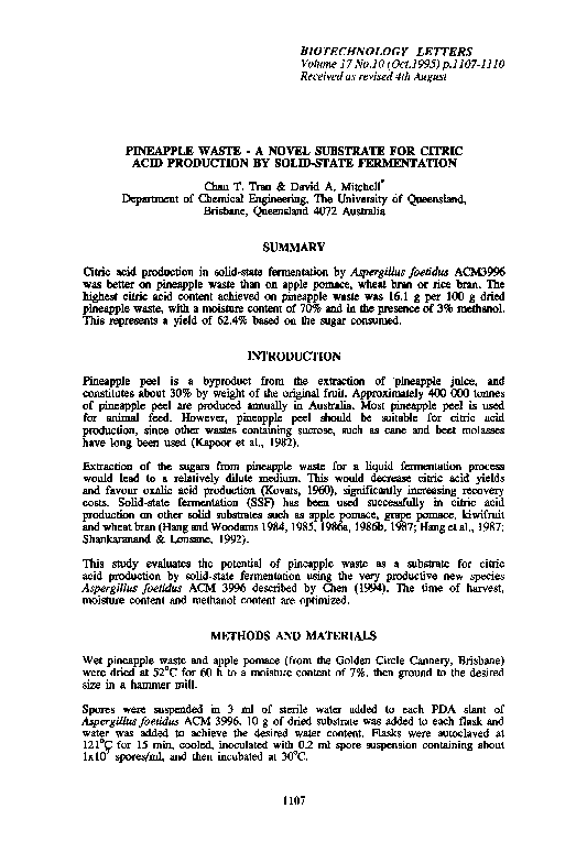 (PDF) Pineapple waste - a novel substrate for citric acid production by ...