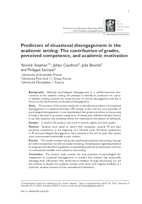 (PDF) Predictors of situational disengagement in the academic setting: The contribution of ...