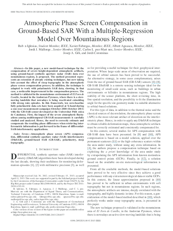 Pdf Atmospheric Phase Screen Compensation In Ground Based Sar With A Multiple Regression Model