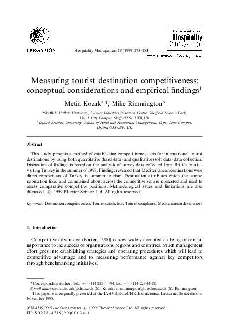 (PDF) Measuring tourist destination competitiveness: conceptual ...