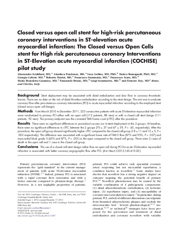 (PDF) Closed versus open cell stent for high-risk percutaneous coronary ...