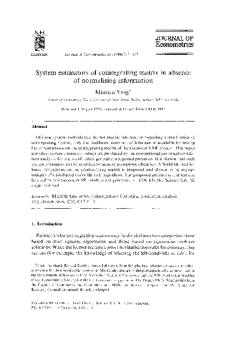 (PDF) System estimators of cointegrating matrix in absence of normalising information