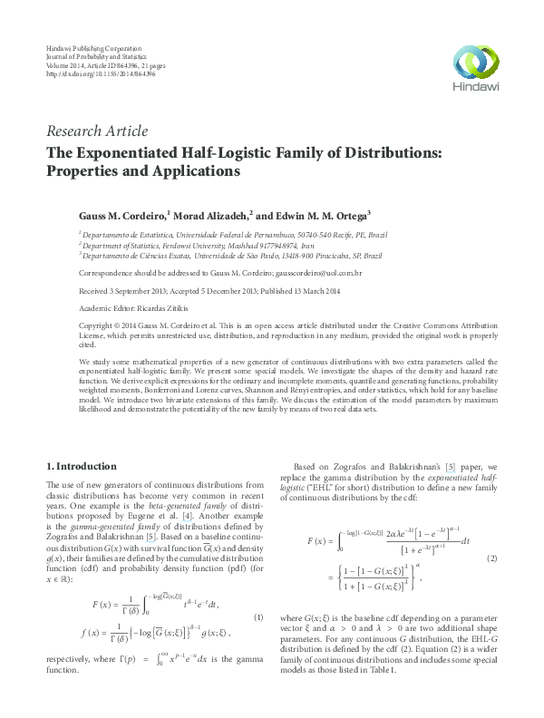 (PDF) The exponentiated half-logistic family of distributions: properties and applications